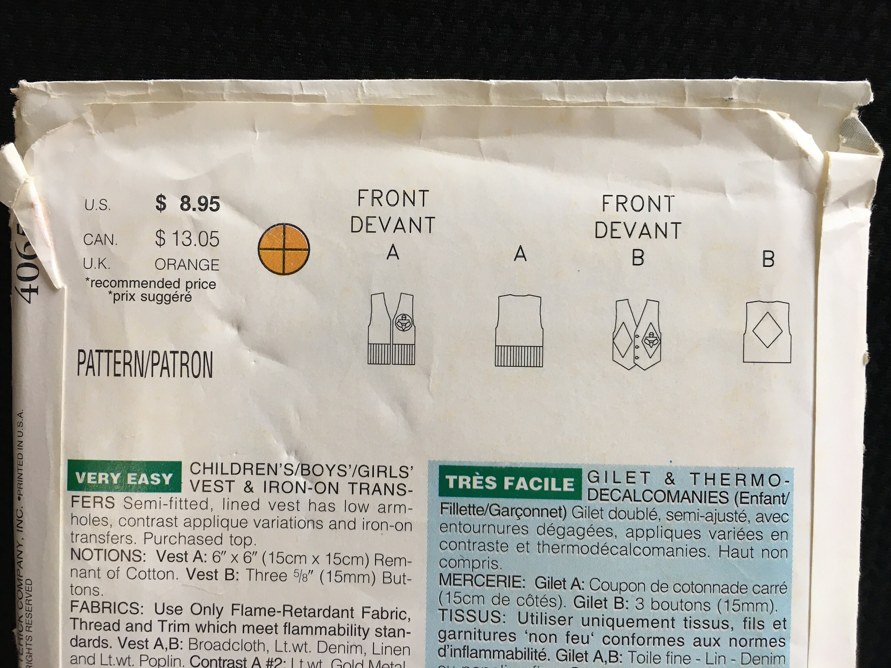 Children's Power Ranger Vest & Iron-on Transfers, Butterick 4065, 90's ...