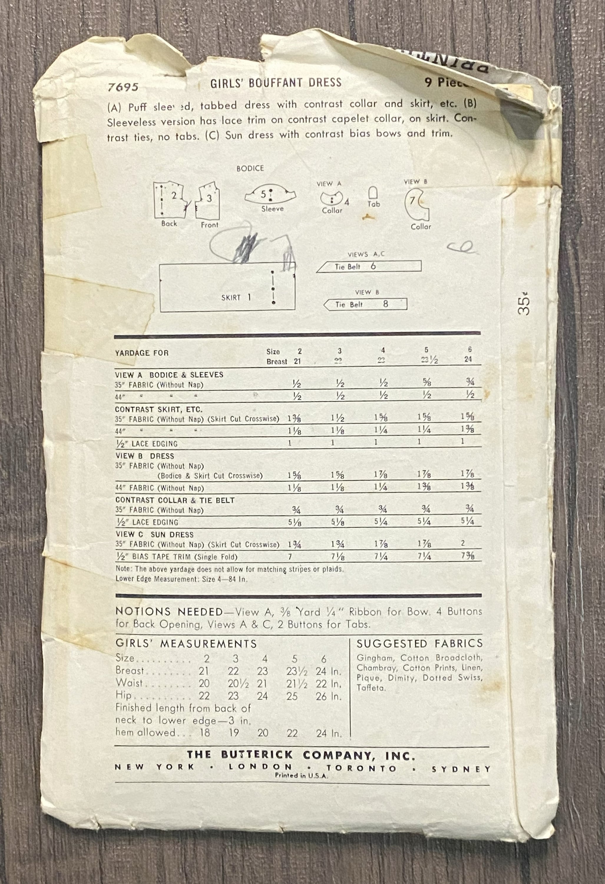 50's Cut/incomplete Sewing Pattern for Girls' Bouffant Dress, Size 6 ...