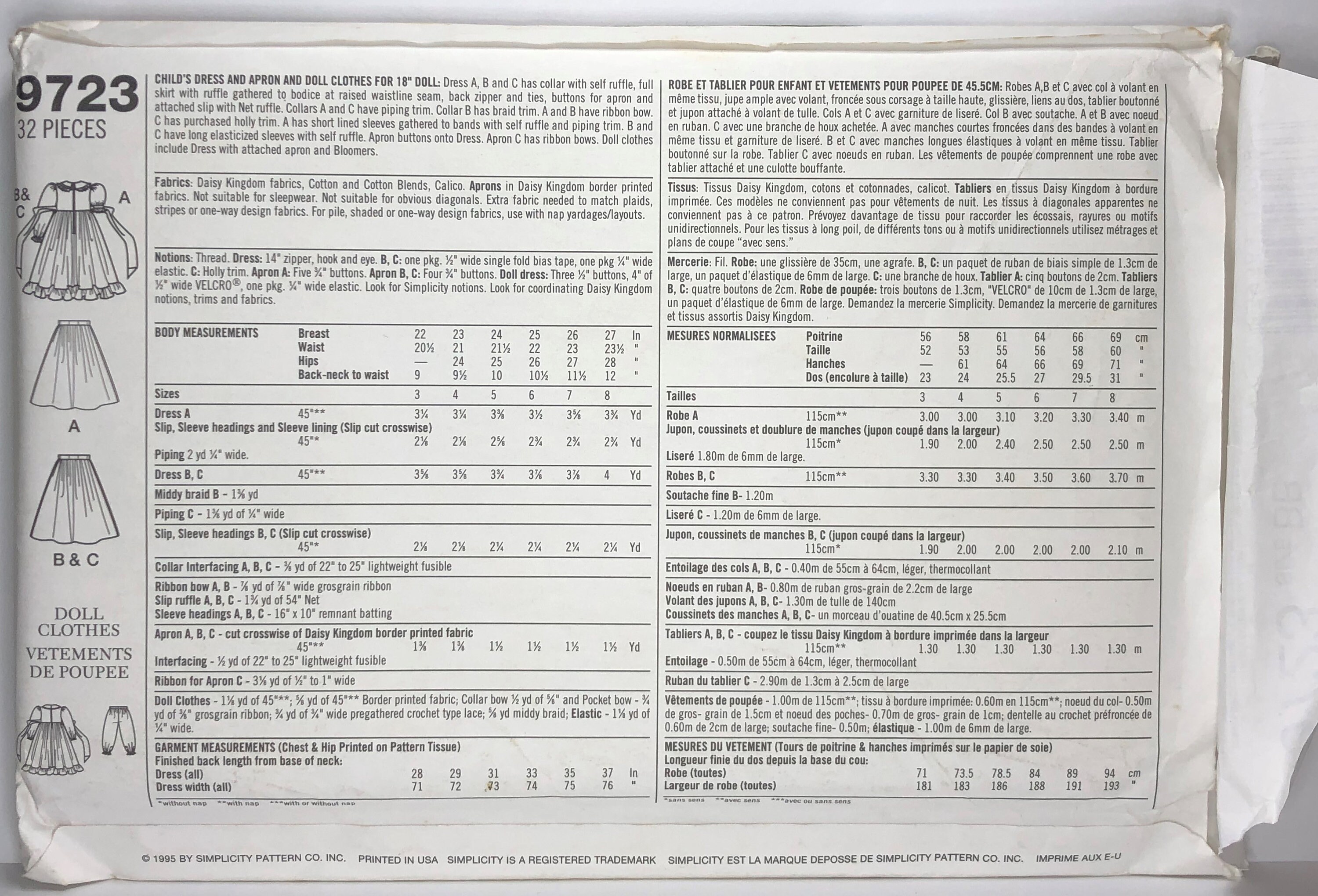 Simplicity 9723, 90's Sewing Pattern, Child's Dress & Apron, Size 5-8 ...