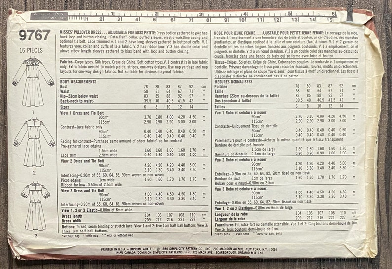 Simplicity 9767, 80's Cut Pattern for Misses' Pullover Dress, Size 10 ...