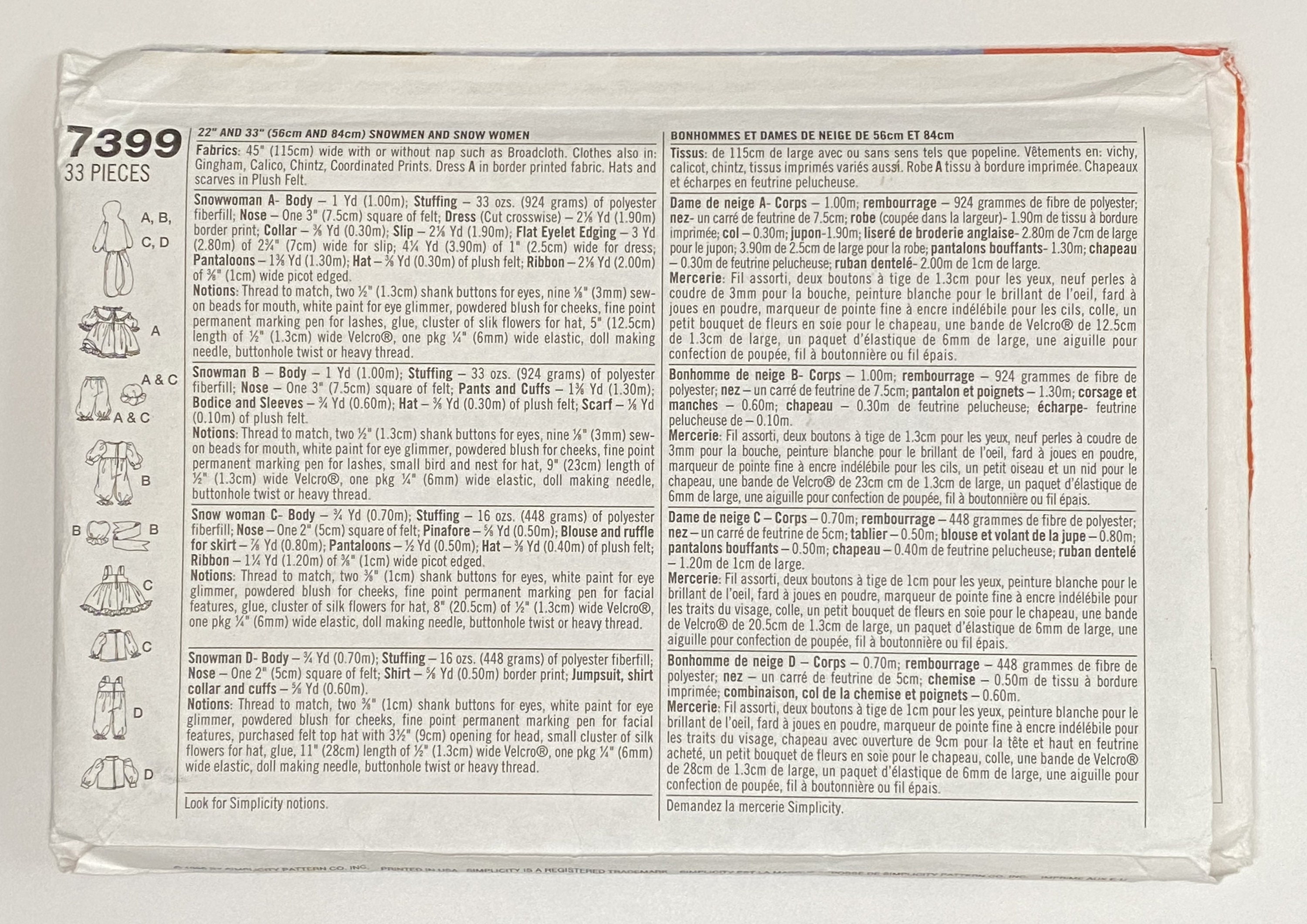 Snowman & Snow Woman in Two Sizes, Simplicity Holiday 7399 Sewing ...