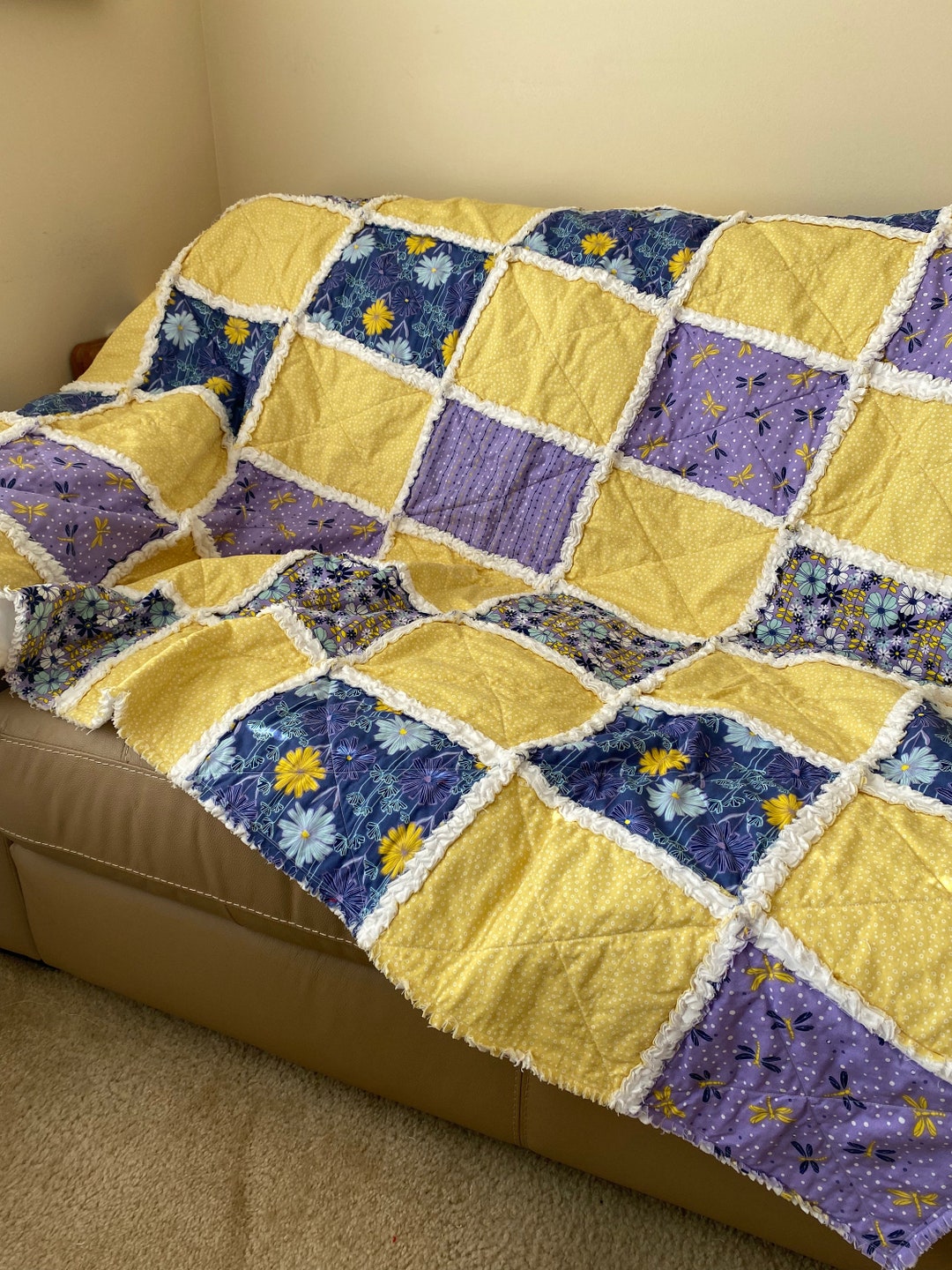 Yellow, Purple and Blue Rag Quilt - 65" X 52" - Etsy