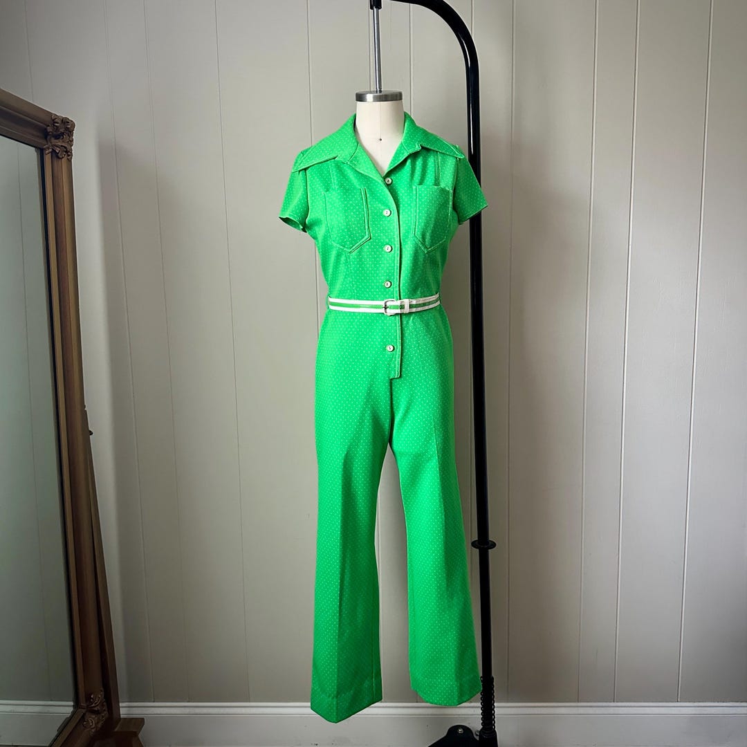 Green & White Polka Dot 1970’s Vintage Strait Lane Jumpsuit With Dagger ...