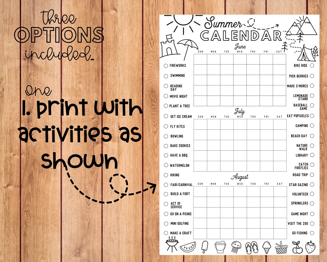 Printable Summer Calendar Poster | 18x24 and 24x36 | Summer Activities ...