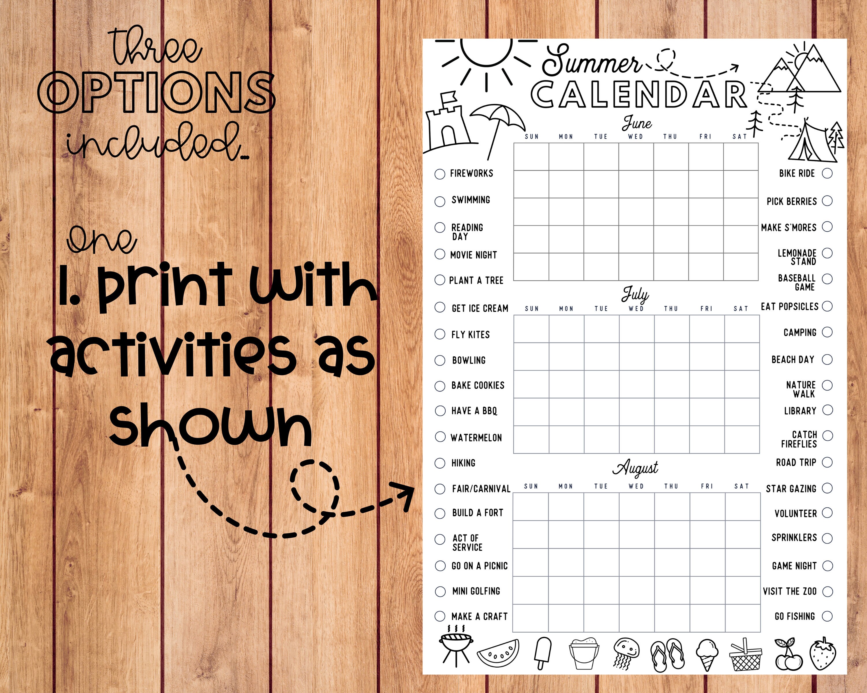 Printable Summer Calendar Poster | 18x24 and 24x36 | Summer Activities ...