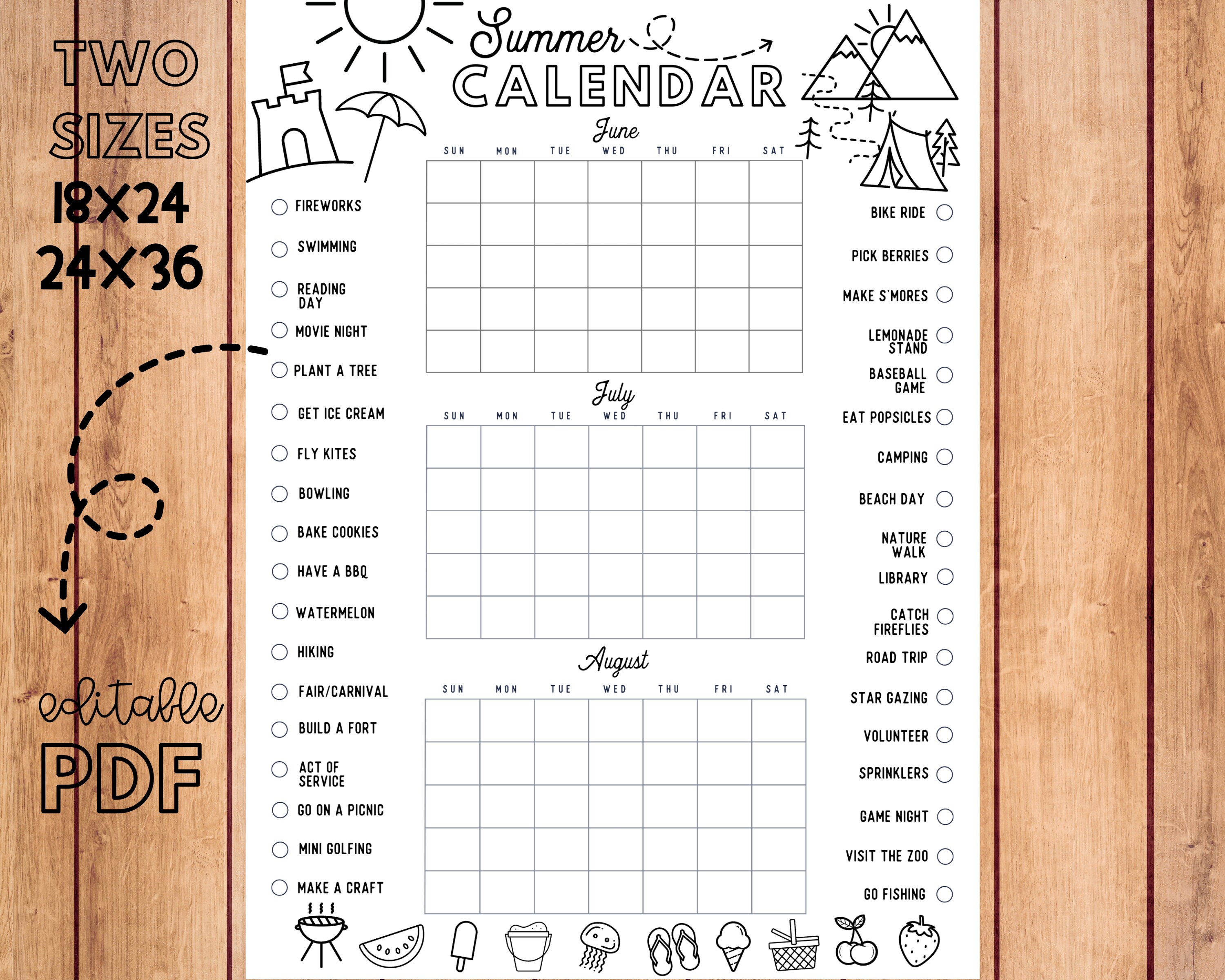 Printable Summer Calendar Poster | 18x24 and 24x36 | Summer Activities ...