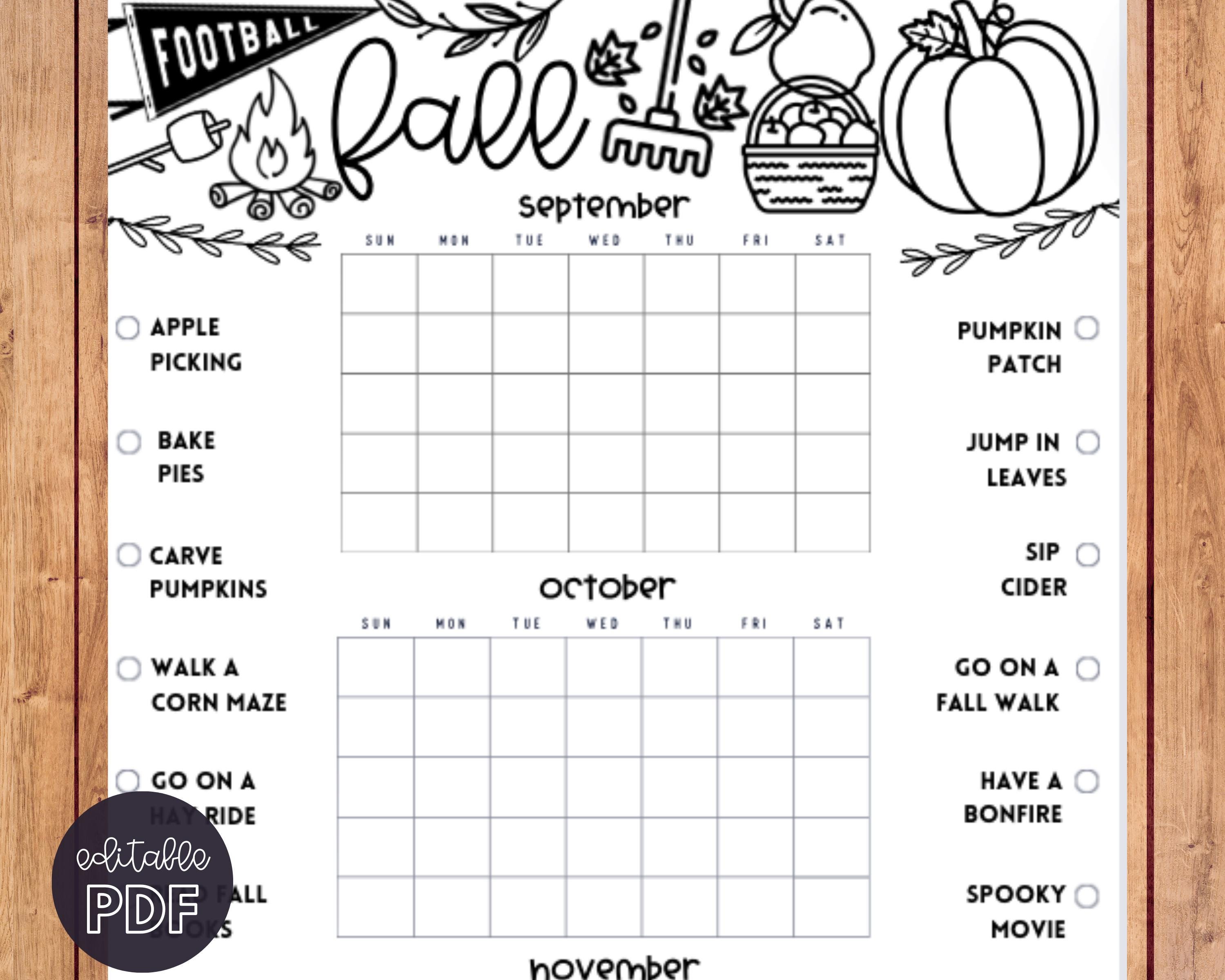 Printable Fall Bucket List Poster 24 X 36, 18 X 24 Fall Calendar Fall ...