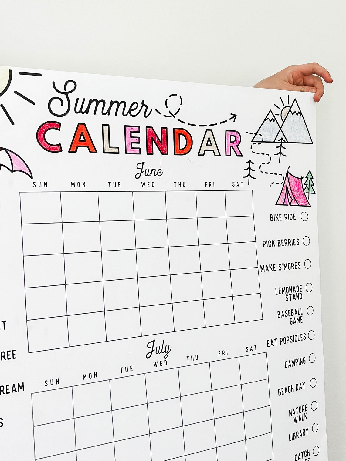 Printable Summer Calendar Poster | 18x24 and 24x36 | Summer Activities ...