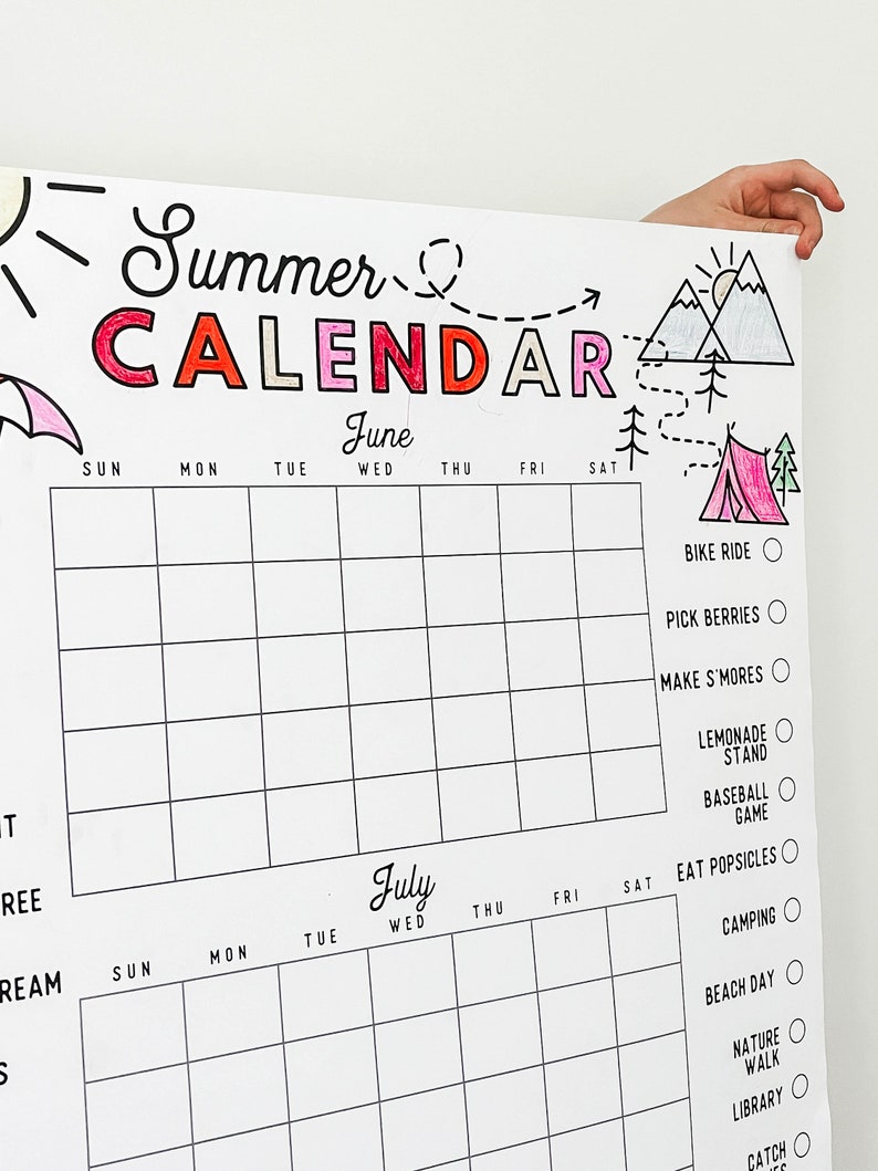 Printable Summer Calendar Poster | 18x24 and 24x36 | Summer Activities ...