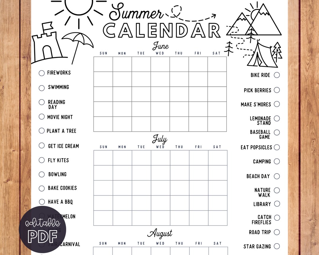 Printable Summer Calendar Poster | 18x24 and 24x36 | Summer Activities ...