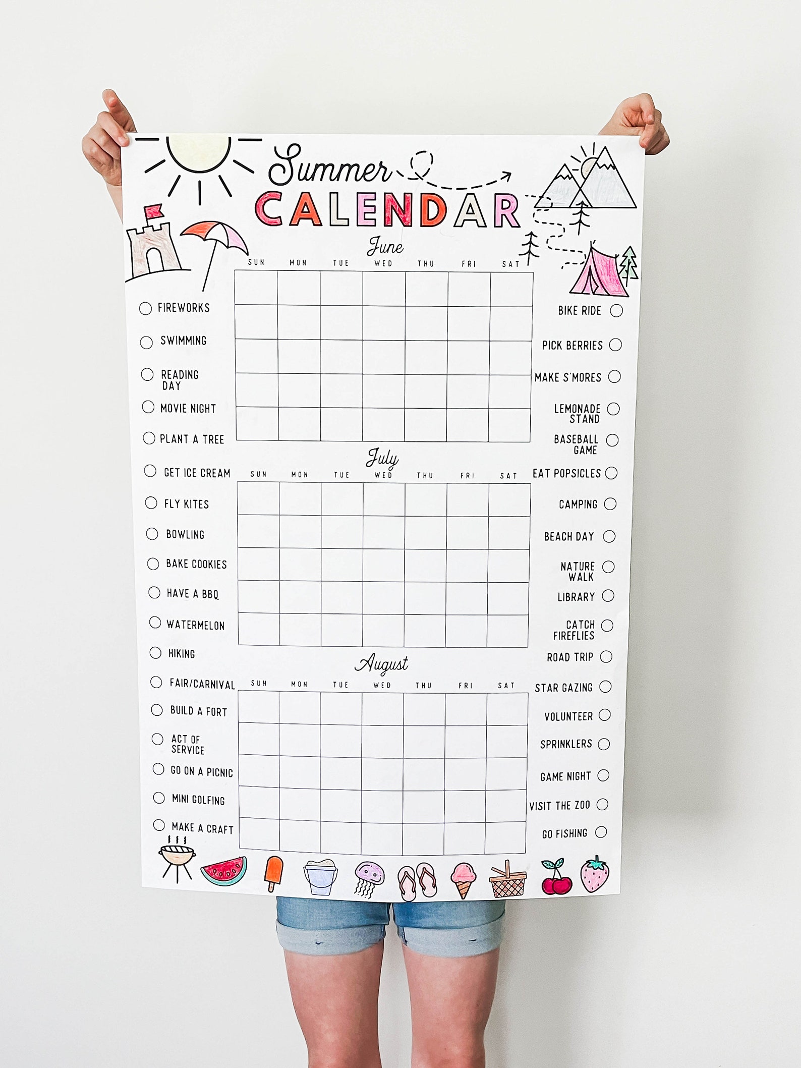 Printable Summer Calendar Poster | 18x24 and 24x36 | Summer Activities ...