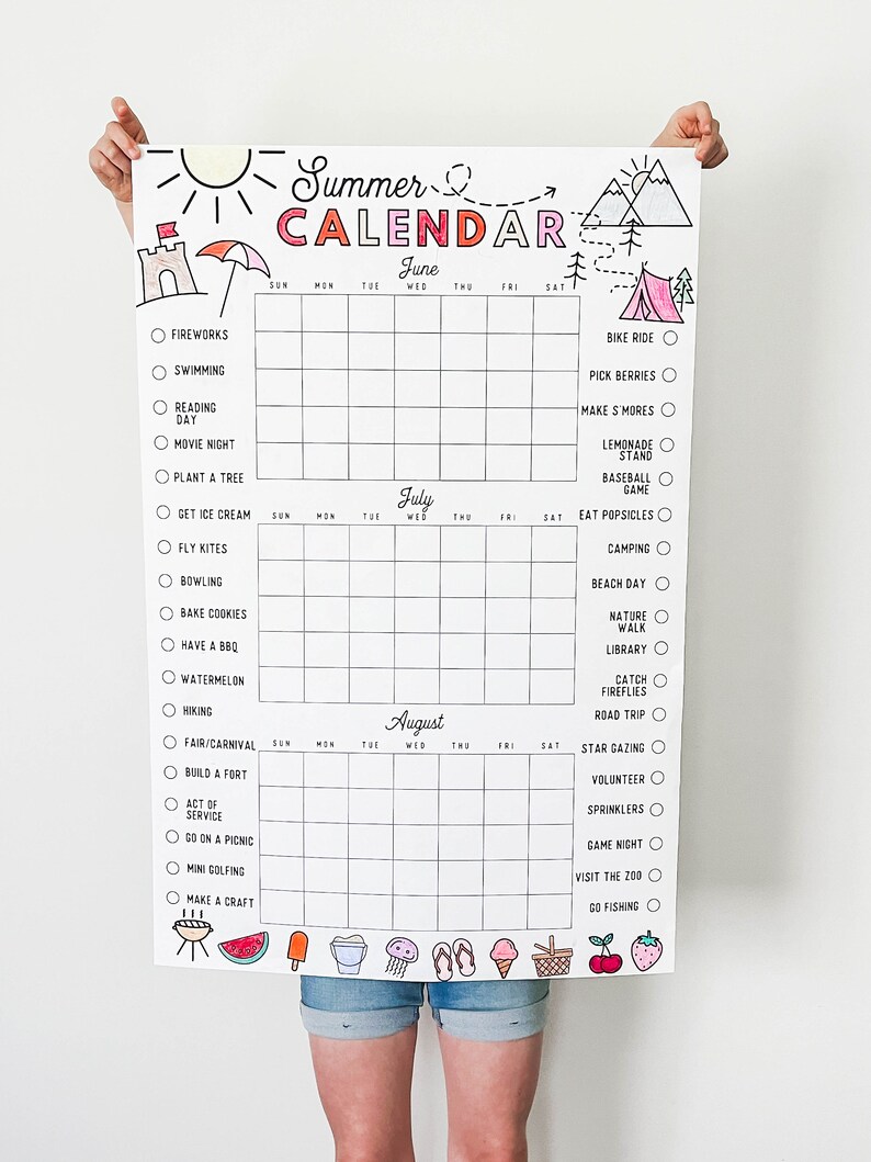 Printable Summer Calendar Poster 18x24 and 24x36 Summer Activities ...