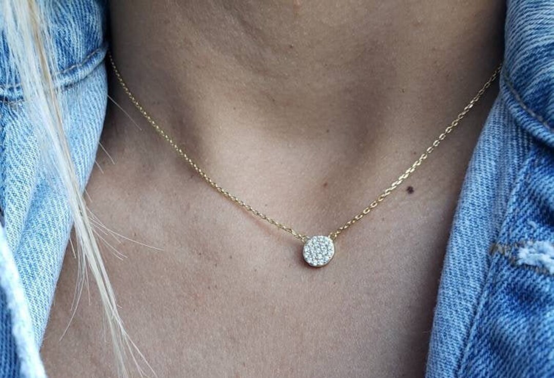Pave Disc Necklace. Silver Disc Necklace. CZ Disc Necklace. - Etsy