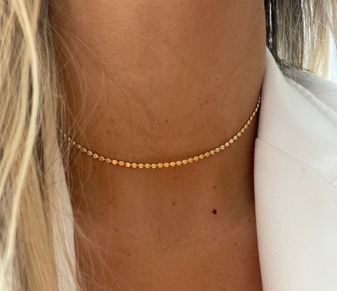 Gold Flat Beaded Choker Necklace, 18 K Layering Necklace, Beads ...