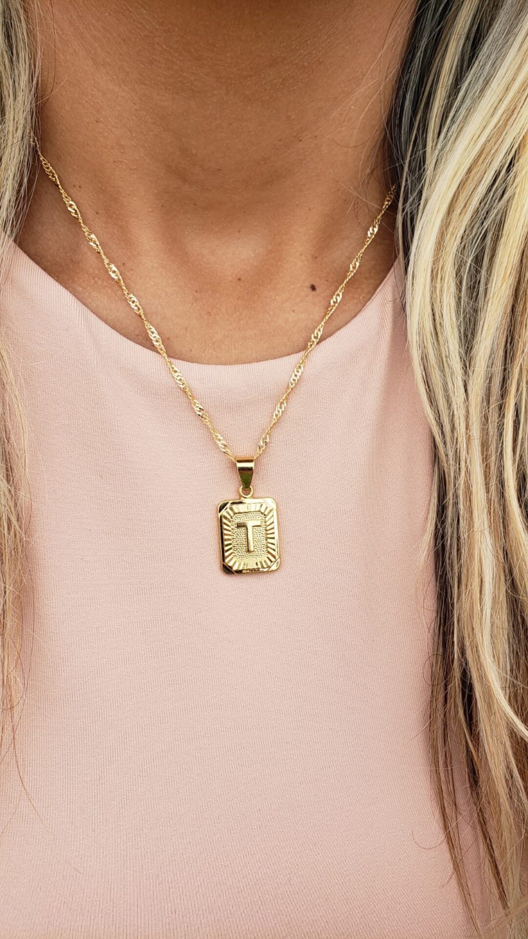Gold Initial Necklace, Medal Initial Necklace, Gold Alphabet Square ...