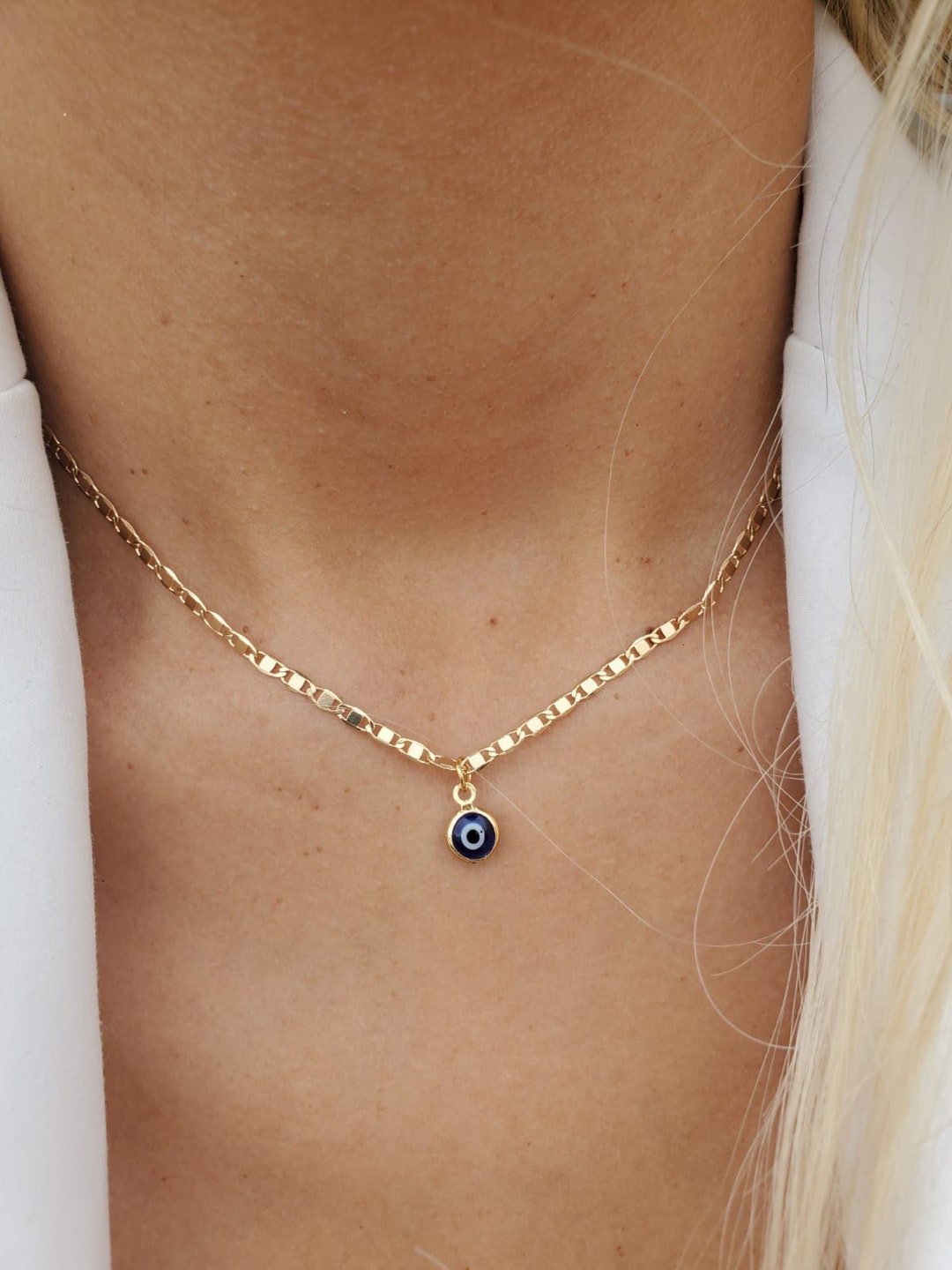 Evil Eye Necklace , 18 K Gold Filled Necklace, Figaro Necklace , Eye ...