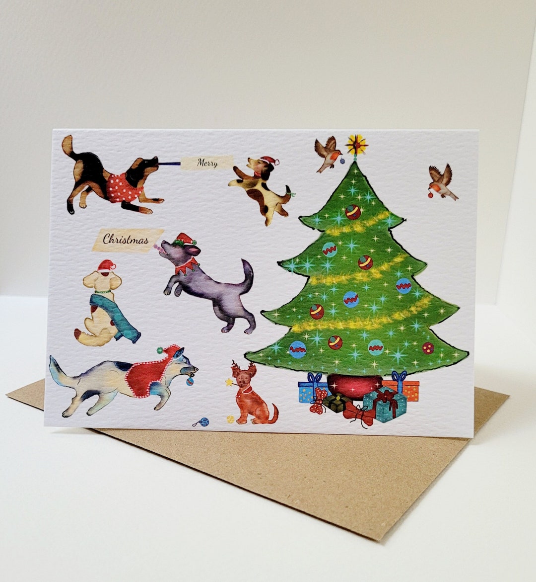 CHRISTMAS Card Dogs & Red Robins Greeting Card - Etsy