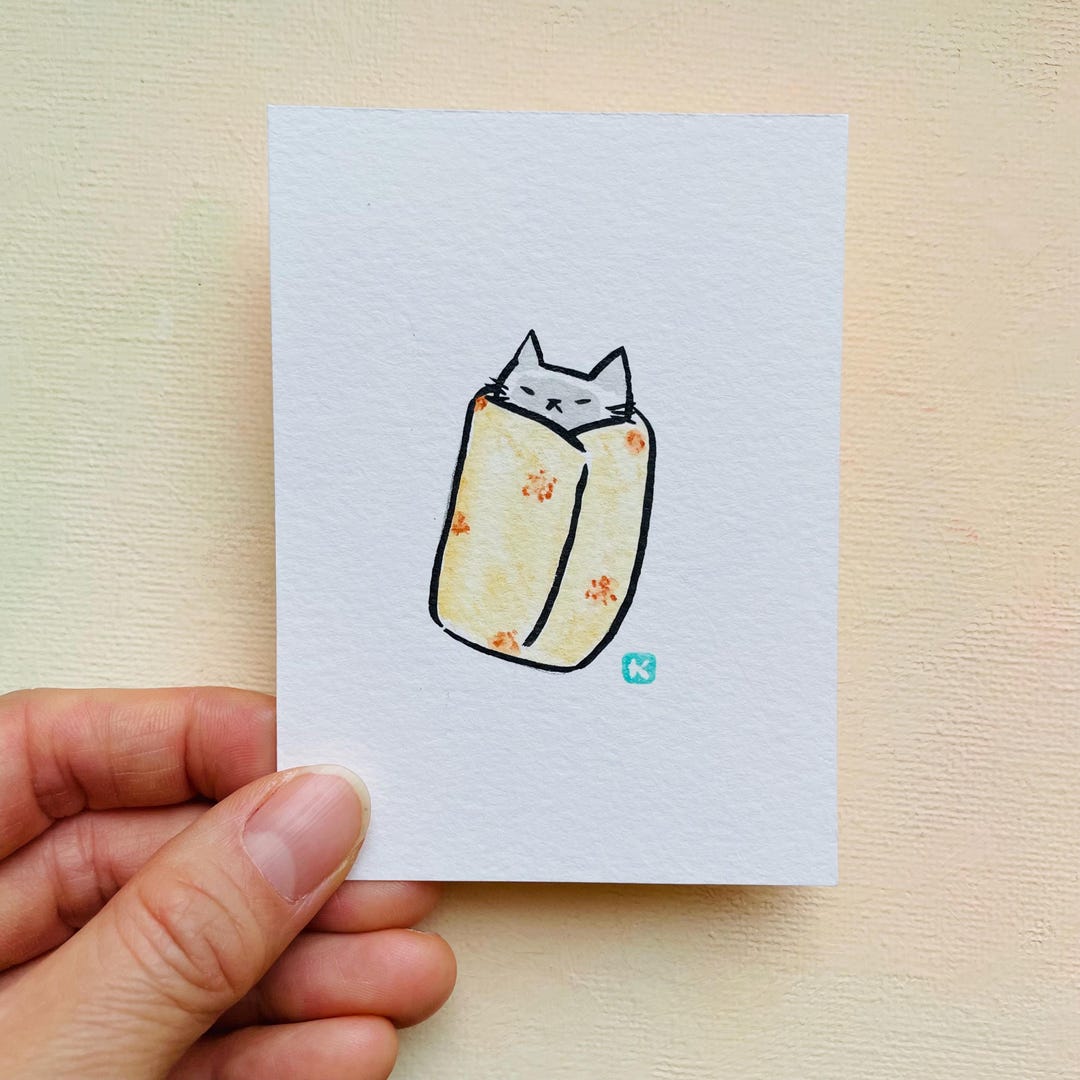 Siamese Burrito Purrito Cat, Tiny Original Art Drawing, 3 X 4 Brush and ...