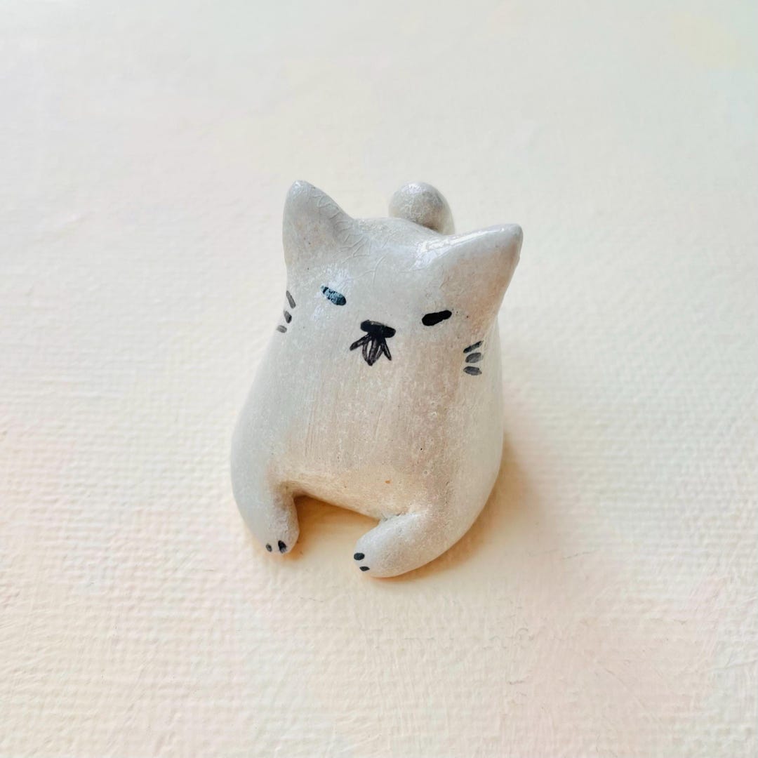 Ceramic Clay Pouty Cat Figurine, Cat Lover Gift, Ecru Color, Tongue Out ...