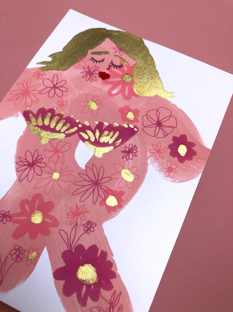 Fine Art Pink Goddess Artwork A6 Painting acrylic Gold Ink Purple ...