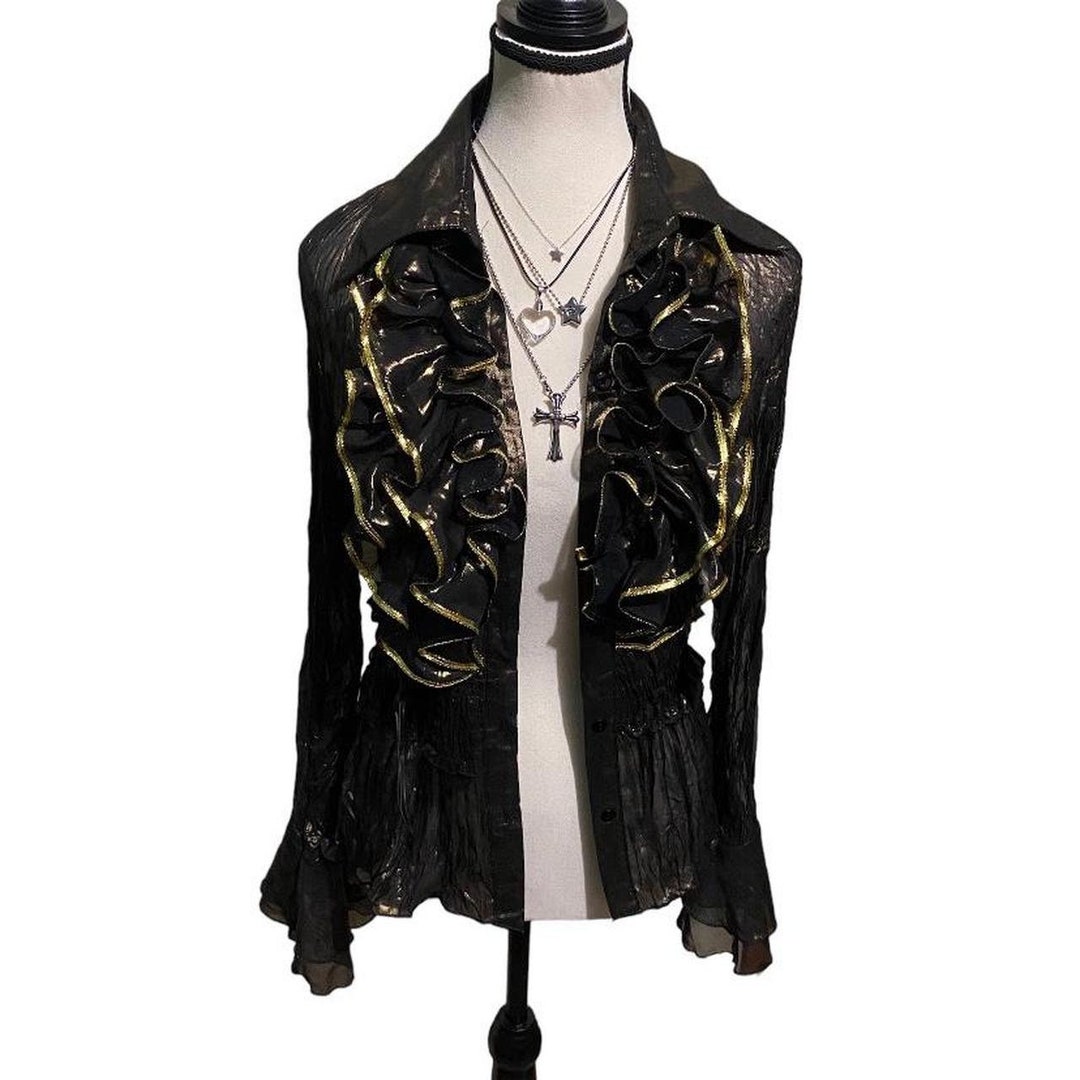 Y2k Black & Gold Ruffled Pirate-esque Button-down Shirt - Etsy