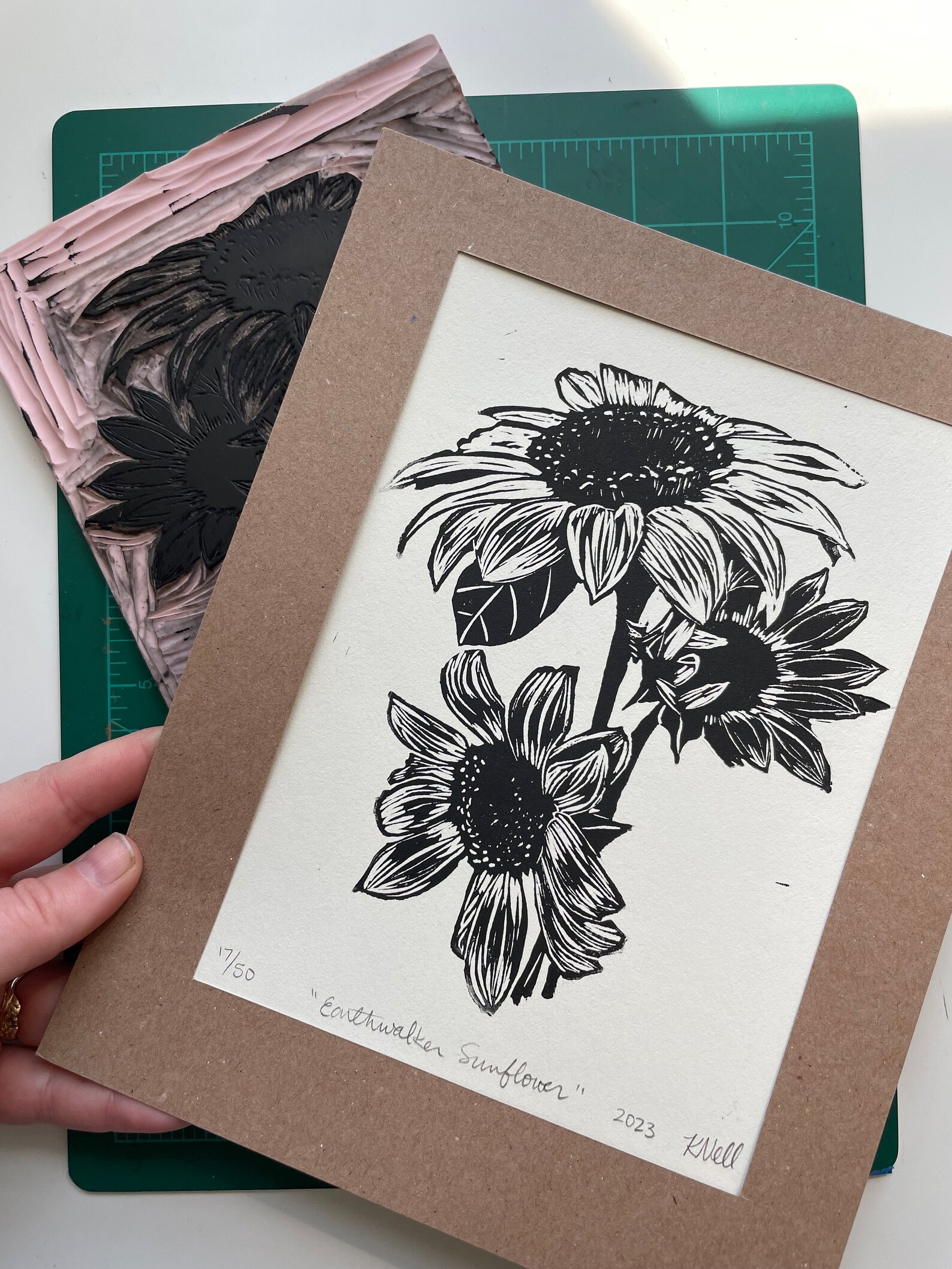 Sunflower Linocut Print Comes With Mat | Flower Art Print | Sunflower ...