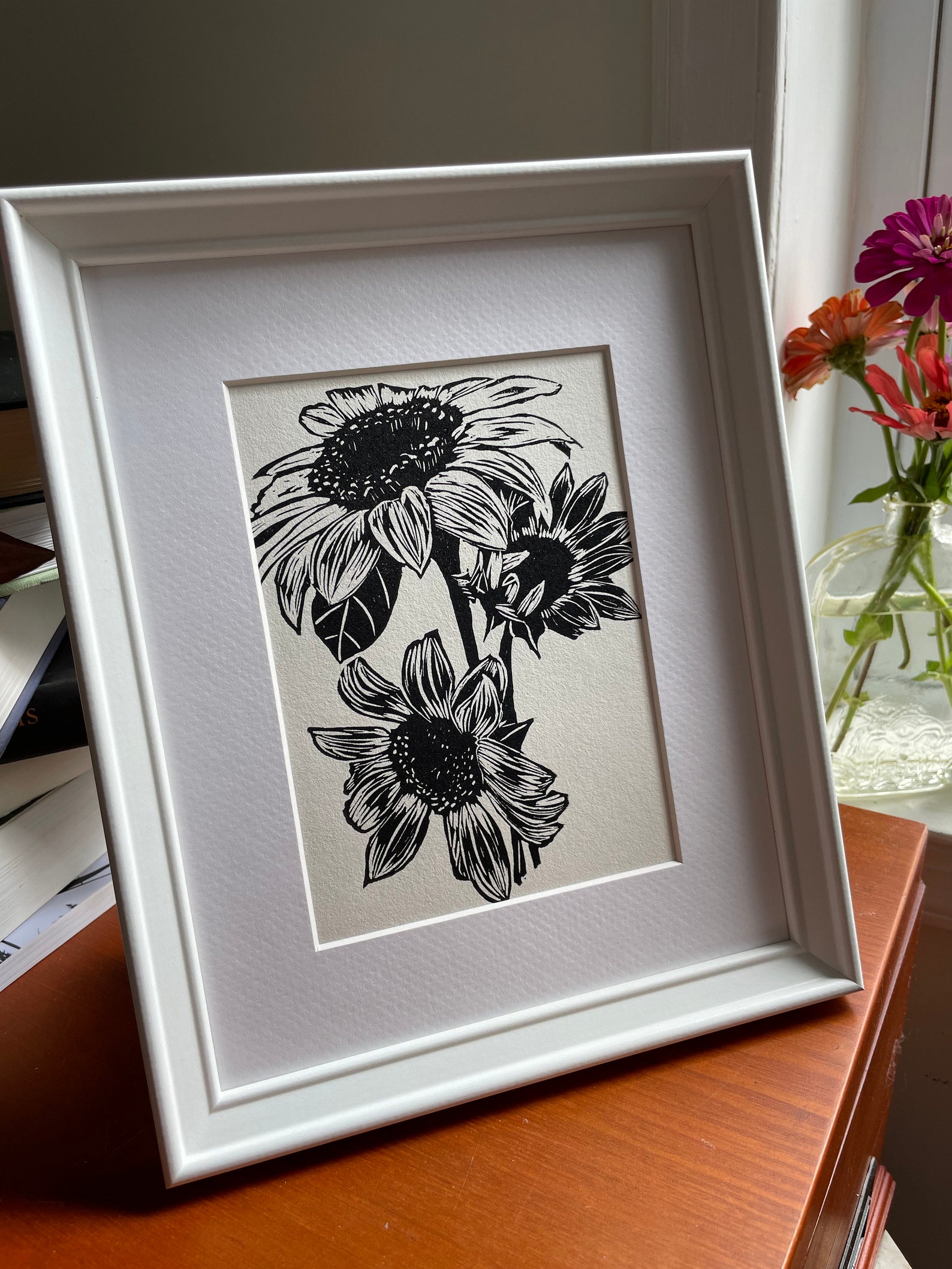 Sunflower Linocut Print Comes With Mat | Flower Art Print | Sunflower ...