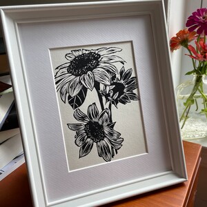 Sunflower Linocut Print Comes With Mat | Flower Art Print | Sunflower ...