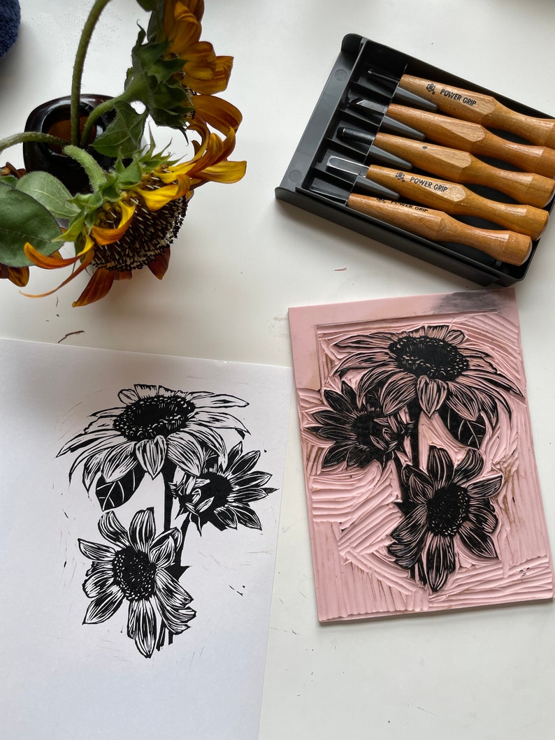 Sunflower Linocut Print Comes With Mat | Flower Art Print | Sunflower ...