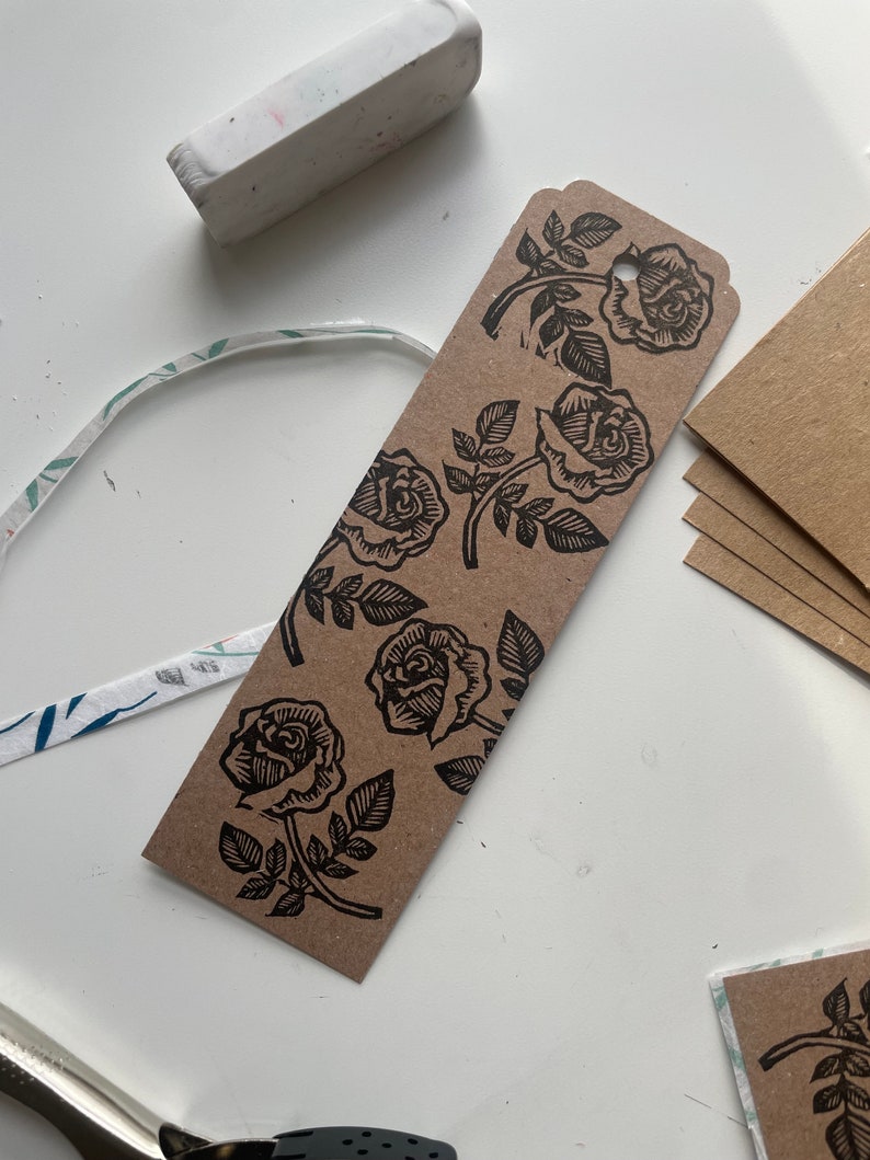 Linocut Bookmark Handprinted Rose Bookmark Handmade Flower Bookmark - Etsy