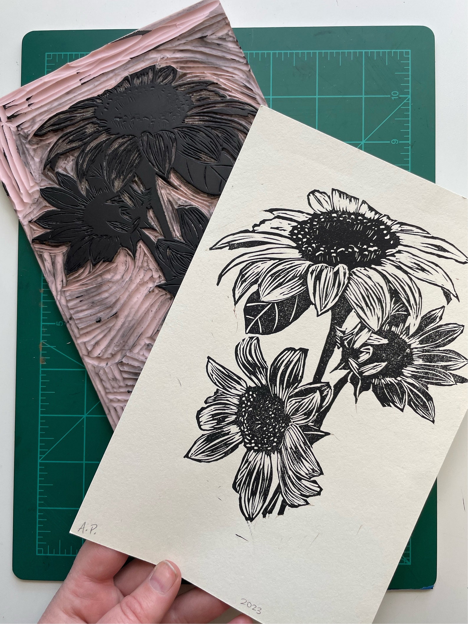 Sunflower Linocut Print Comes With Mat | Flower Art Print | Sunflower ...