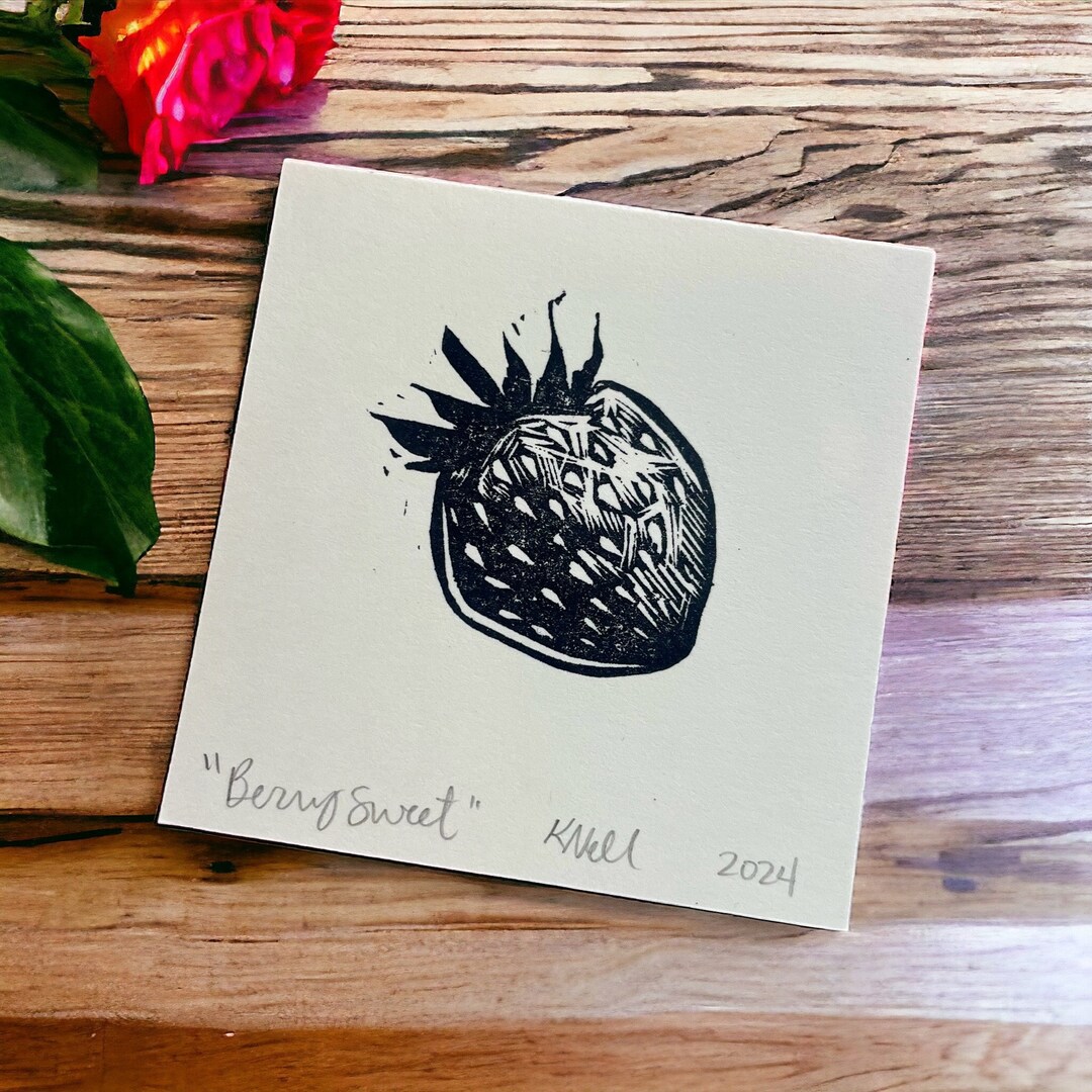 Strawberry Mini Print | Strawberry Linocut | Strawberry Art - Etsy