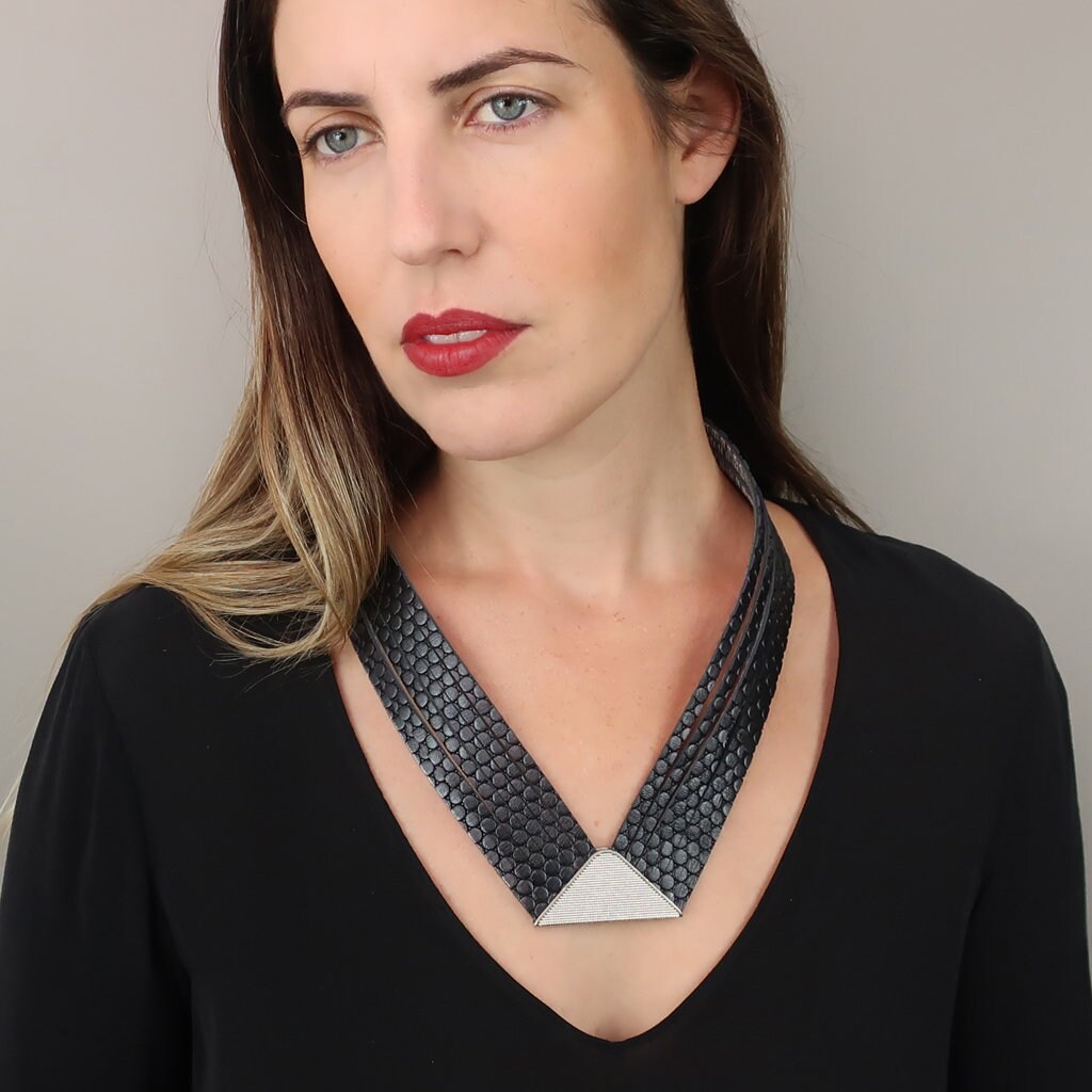 Silver Statement Necklace, Modern Necklace, Statement Leather Necklace ...