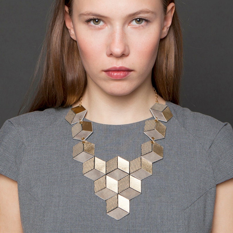 Gold Statement Jewelry Geometric Leather Necklace Large Bold Bib ...