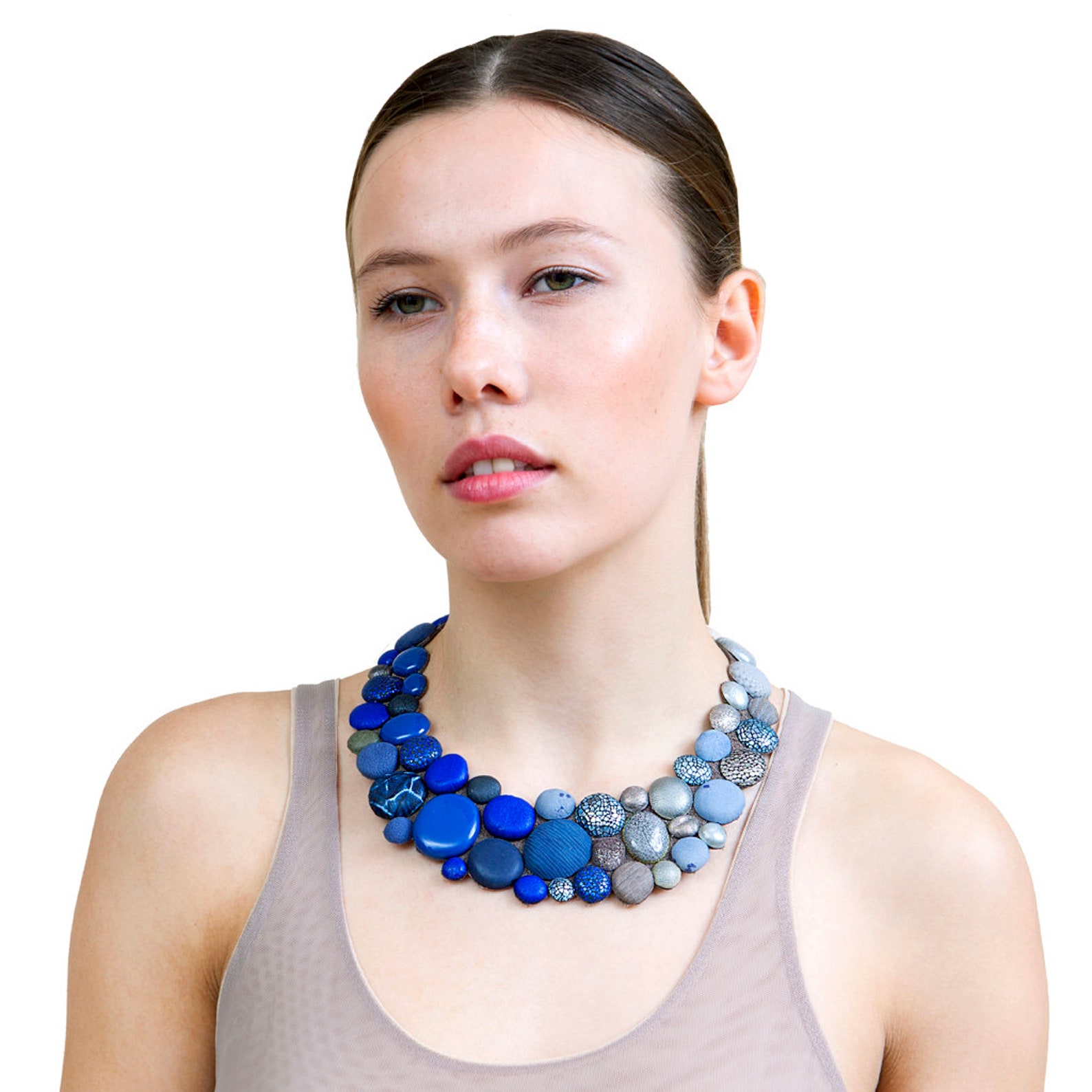 Bib Necklace, Bib Jewelry, Leather Necklace, Blue Necklace, One of a ...