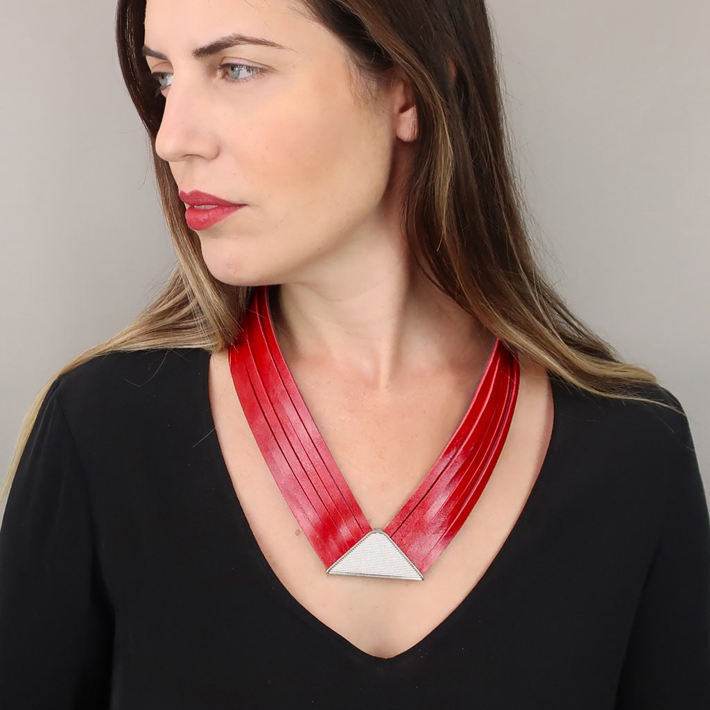 Silver Statement Necklace, Modern Necklace, Statement Leather Necklace ...