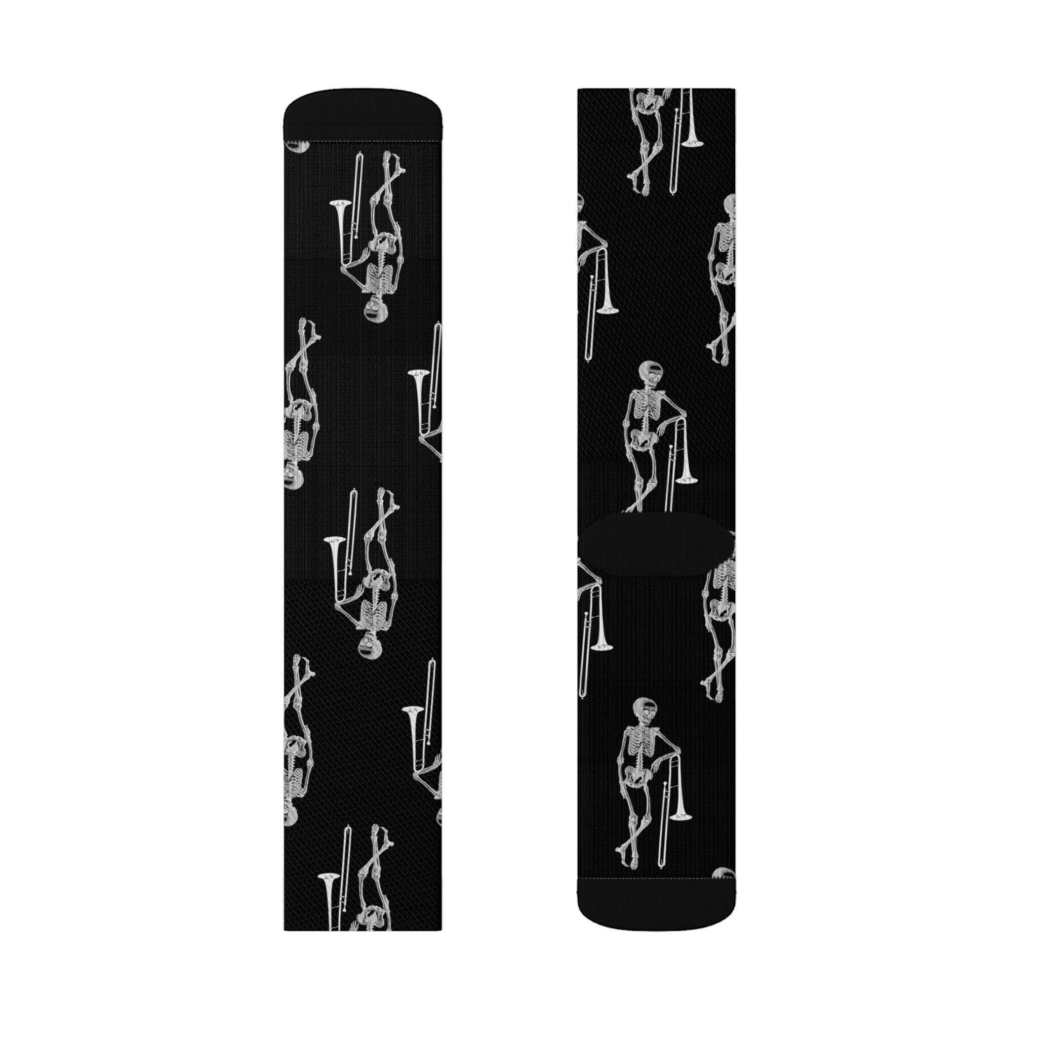 Skeleton Posing With a Trombone on Black Ribbed Tube Socks, Band, Teen ...