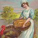 Thanksgiving Postcard Pilgrim Maiden Holding Basket Next to Giant ...