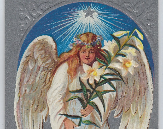 Easter Lily Series Postcard Angel in White With Sheep Silver Embossed ...