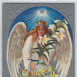 Easter Lily Series Postcard Angel in White With Sheep Silver Embossed ...