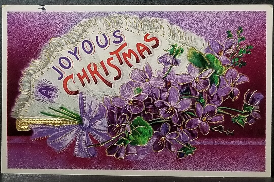 Christmas Postcard Gel Finish Embossed Gold Fan With Purple Violets ...