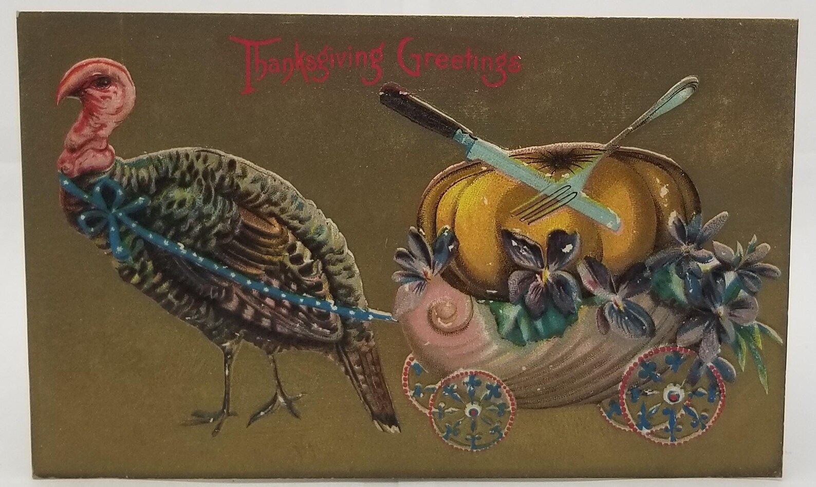 Thanksgiving Postcard Turkey Pulling Wagon Carrying Large Pumpkin With ...