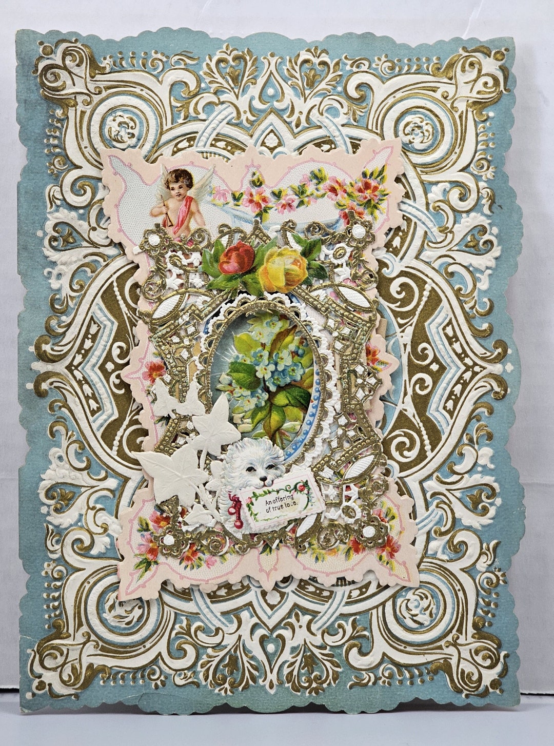 Die Cut Valentine Card Paper Lace Gold Foil With Cupid & Puppy - Etsy