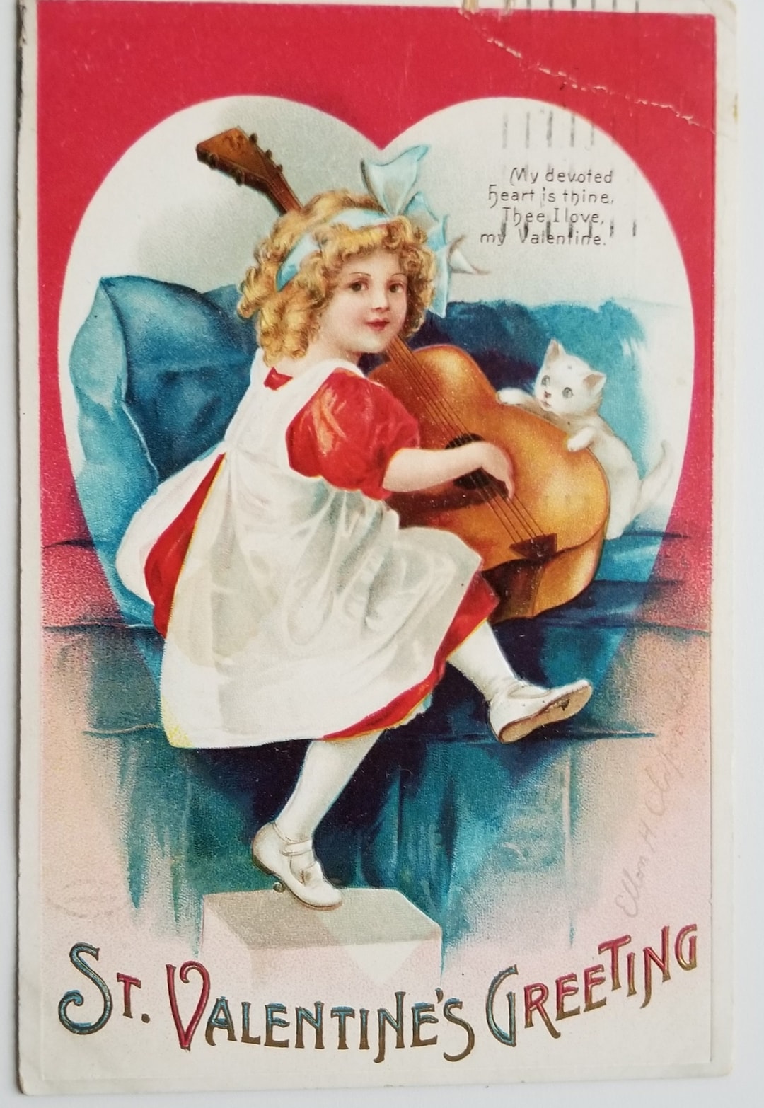 Valentine Postcard Little Girl Playing Guitar With White Kitten Series ...