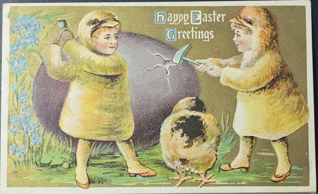 Easter Postcard Antique 1900's Children Dressed as Chicks Hitting Easter Egg With Hammers - Etsy