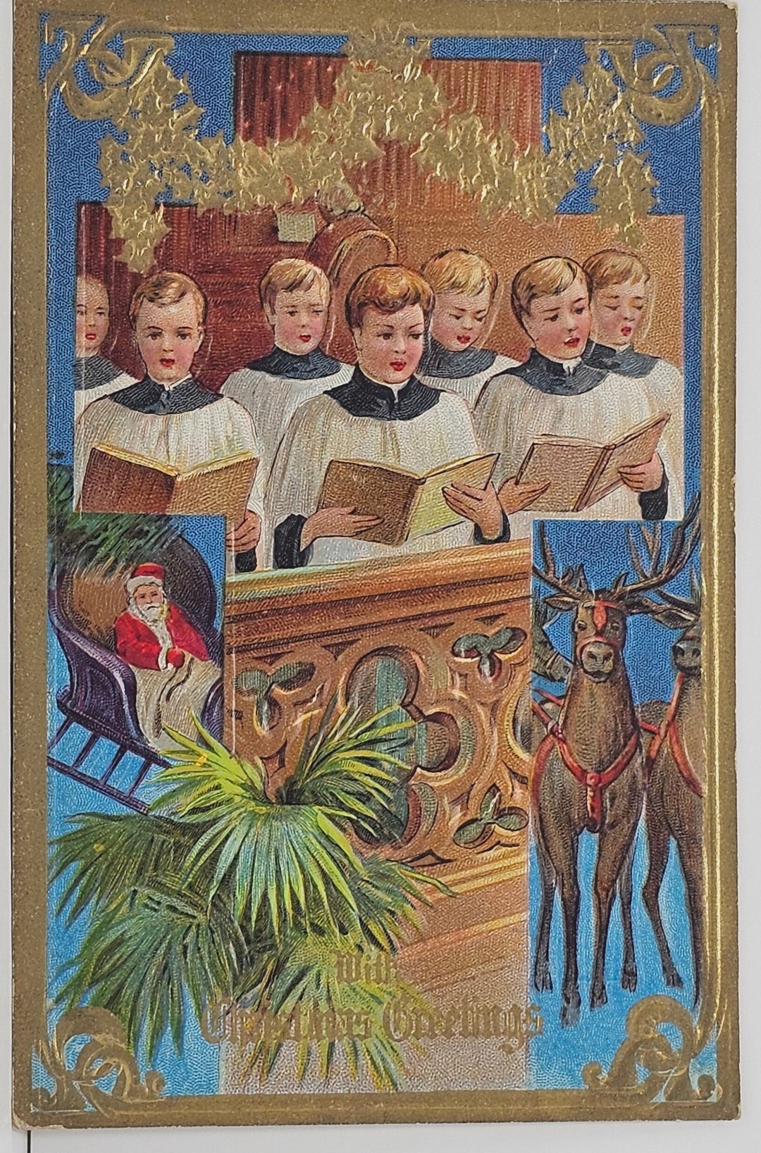 Christmas Postcard Choir of Children Singing Hymns Gold Embossed Series ...