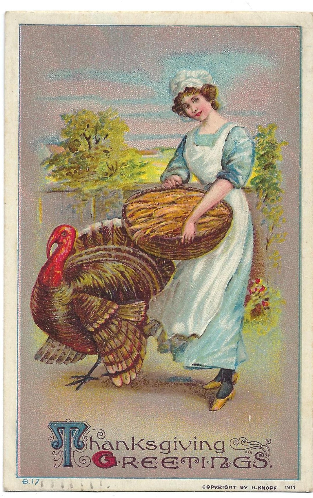 Thanksgiving Postcard Pilgrim Maiden Holding Basket Next to Giant ...