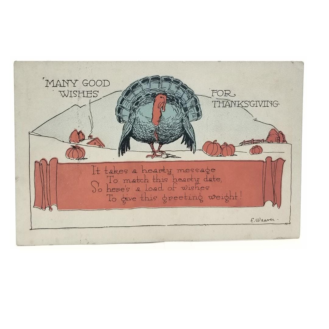 Thanksgiving Postcard 1920s Deco Era Artist Weaver Turkey in Pumpkin ...