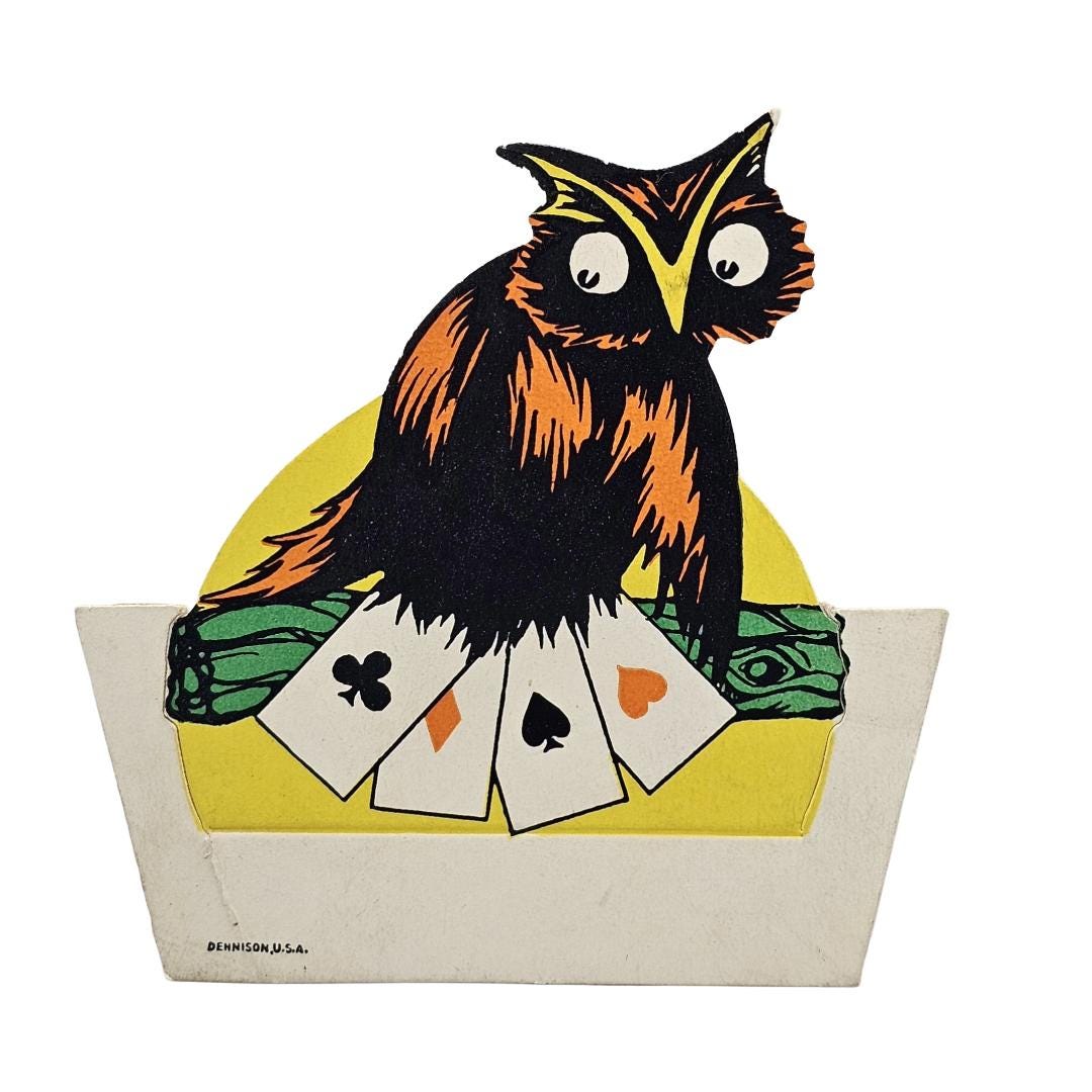 Vintage Dennison Halloween Place Card Die Cut Owl Holding Playing Cards ...
