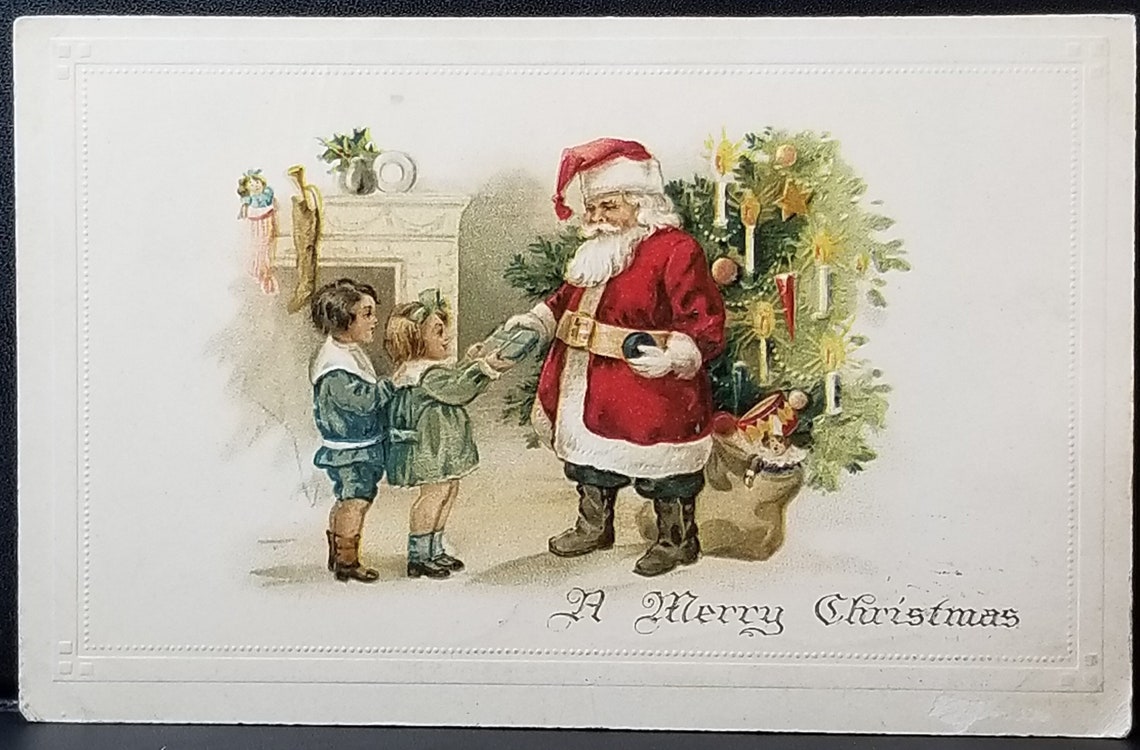 Merry Christmas Postcard Santa Claus Handing Out Gifts to - Etsy